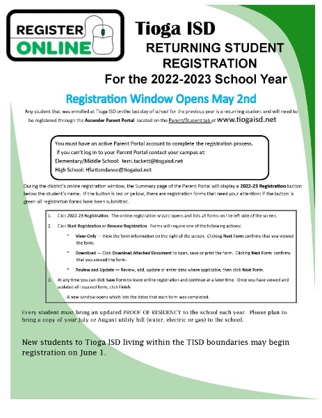 Tioga ISD - 2022-2023 Returning Student Registration