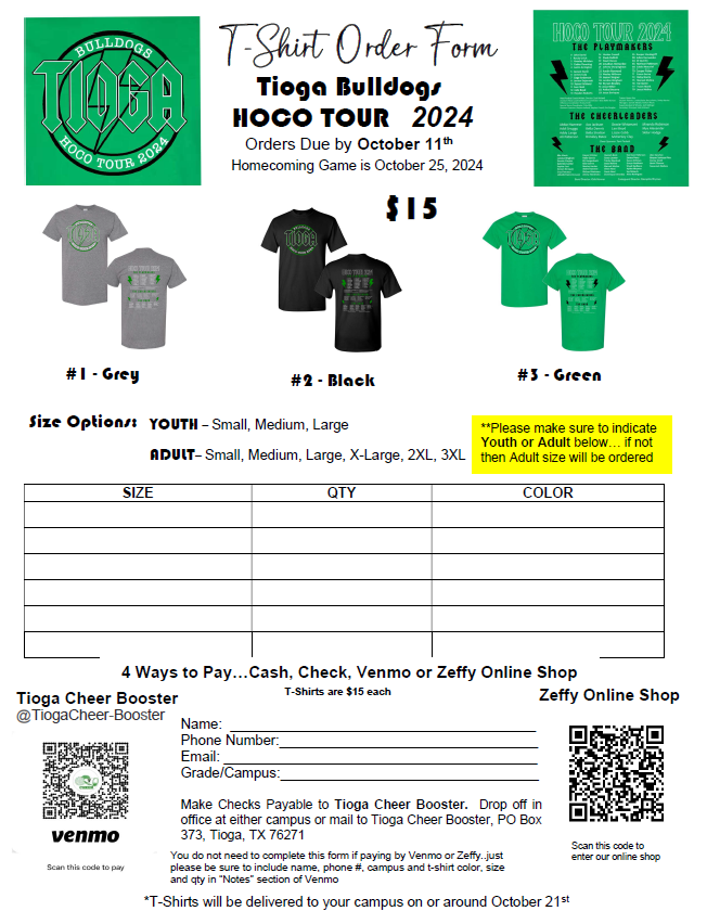 Tioga ISD - HOCO 2024 T-shirts. Order by October 11th.